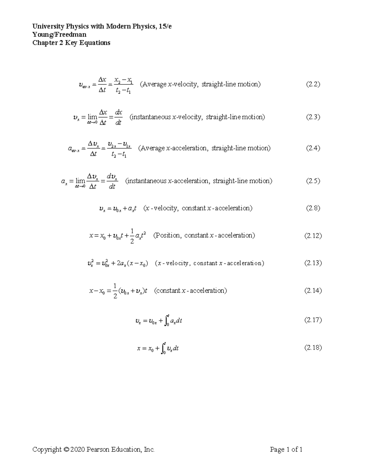 Key Equations for University Physics (PHYS 101) - Chapter 2 Summary ...