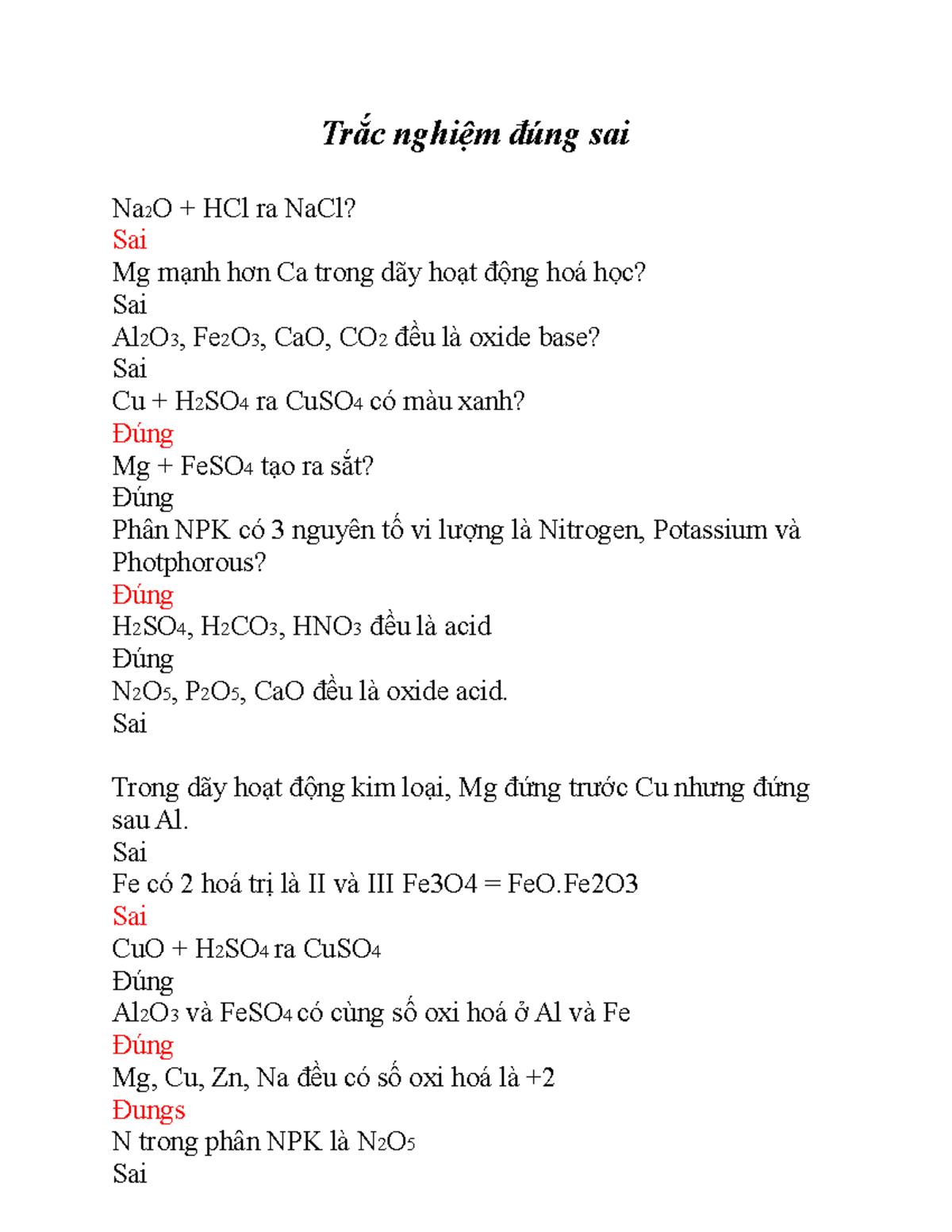 Trắc Nghiệm Đúng Sai Về Hóa Học: Na2O, HCl, Mg, Al2O3, NPK - Studocu