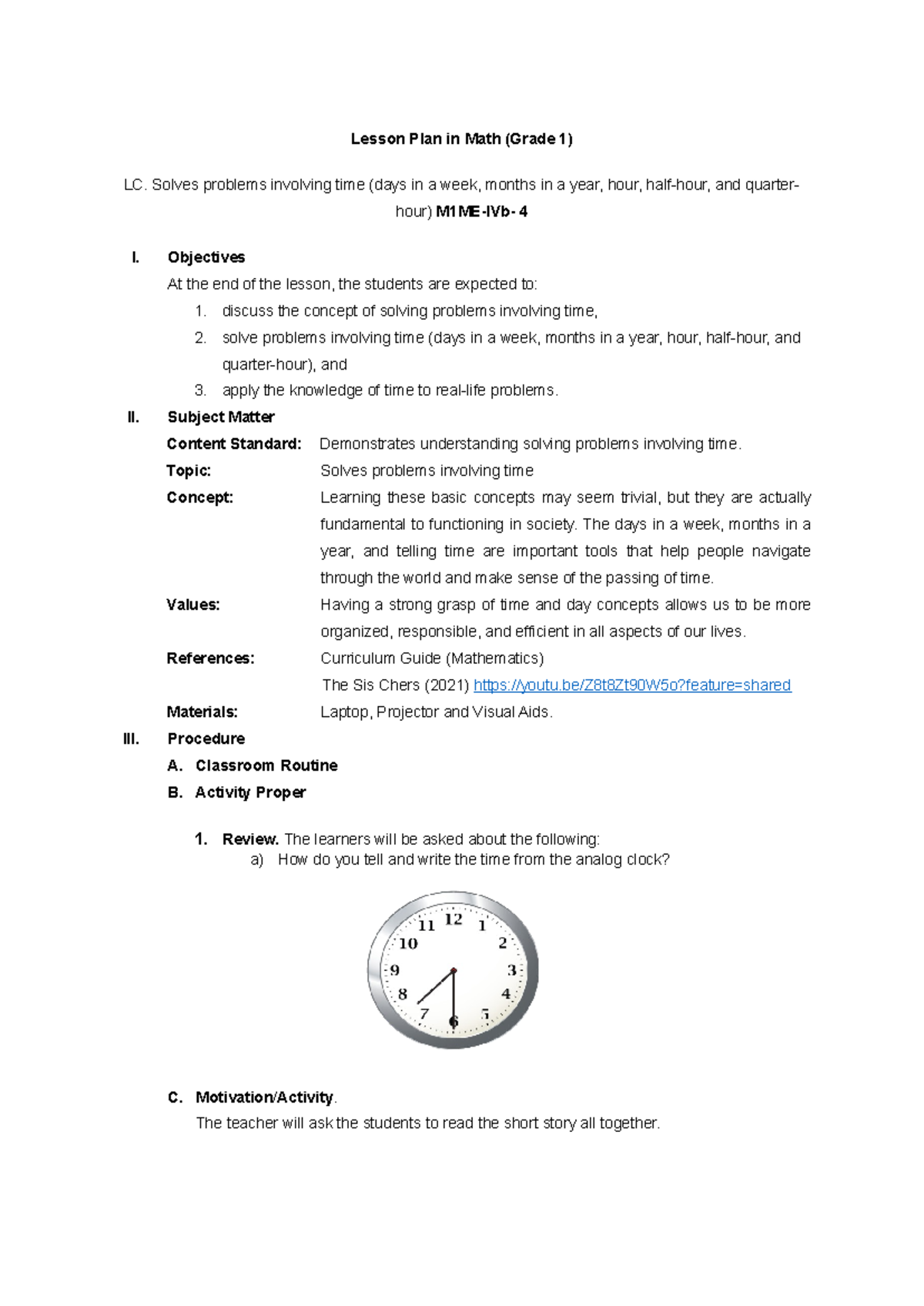Lesson Plan: Solving Time Problems in Math (Grade 1) M1ME-IVb-4 - Studocu
