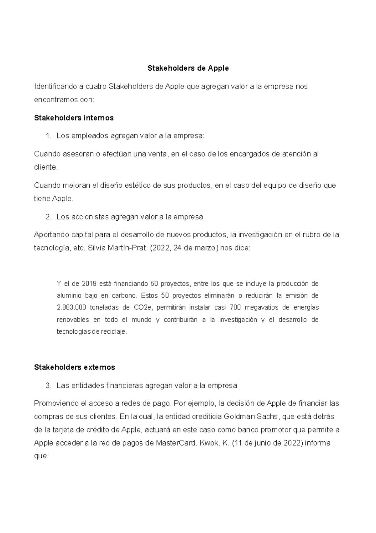 Stakeholders Internos y Externos de Apple: Valor Agregado - Studocu
