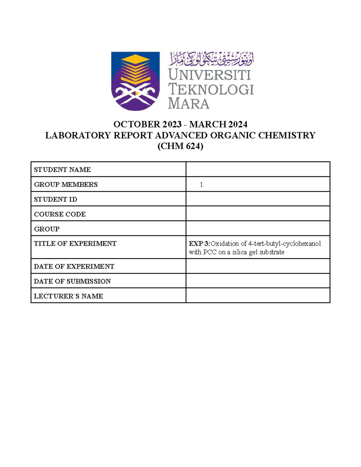 Lab Report CHM624: Oxidation of 4-tert-butyl-cyclohexanol using PCC ...