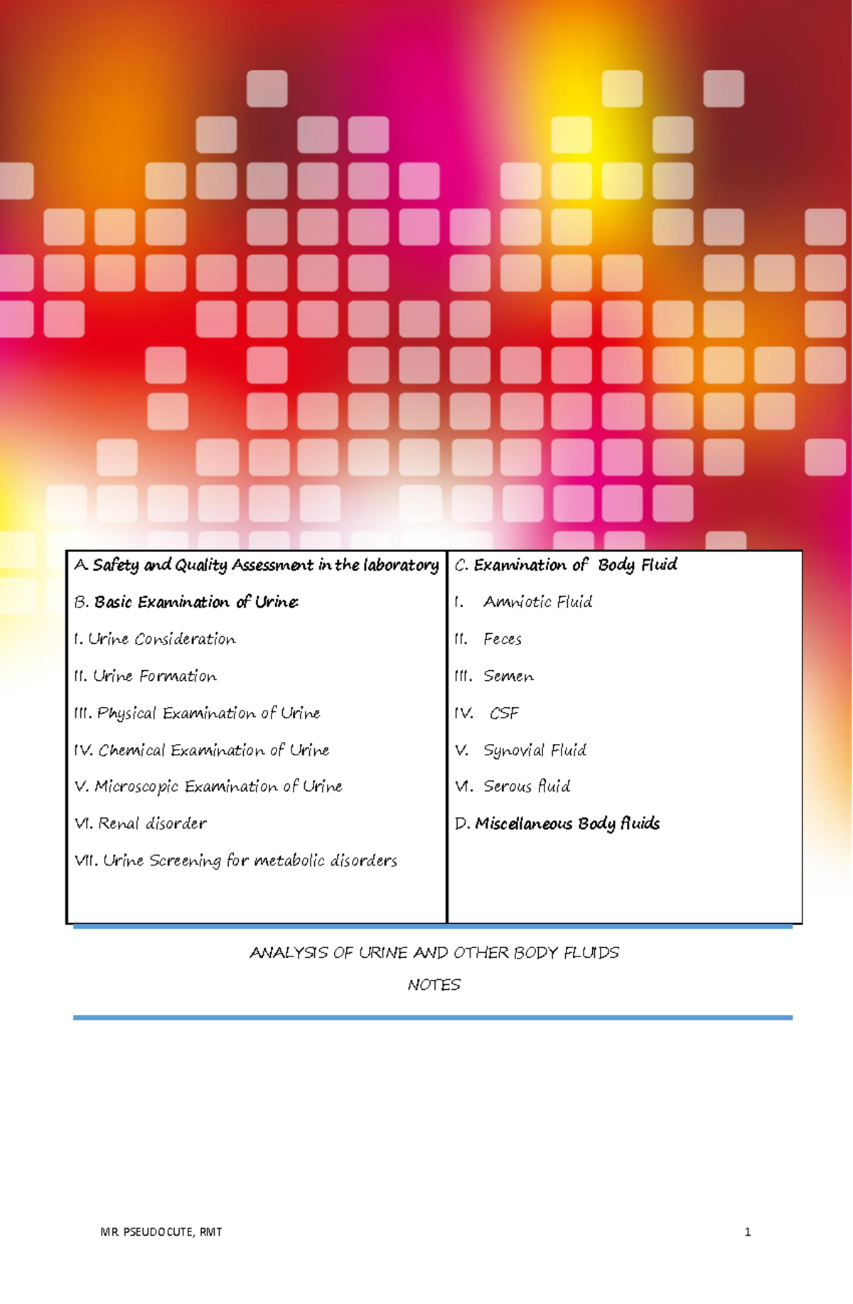 AUBF 1 Lecture Notes: Comprehensive Guide to Urinalysis and Body Fluids ...