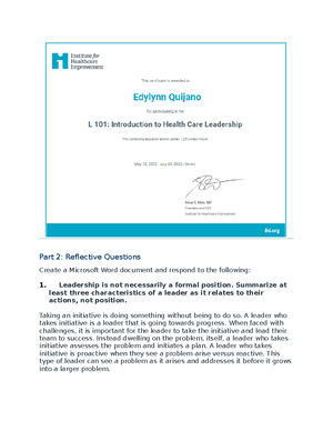 ATI Nurse’s Touch the Leader Case 1 Example - ATI Nurse’s Touch the ...