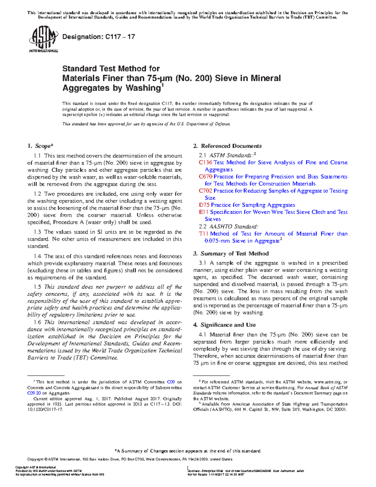 Standard Test Method for Materials Finer than 75-μm Sieve (ASTM C117-17 ...