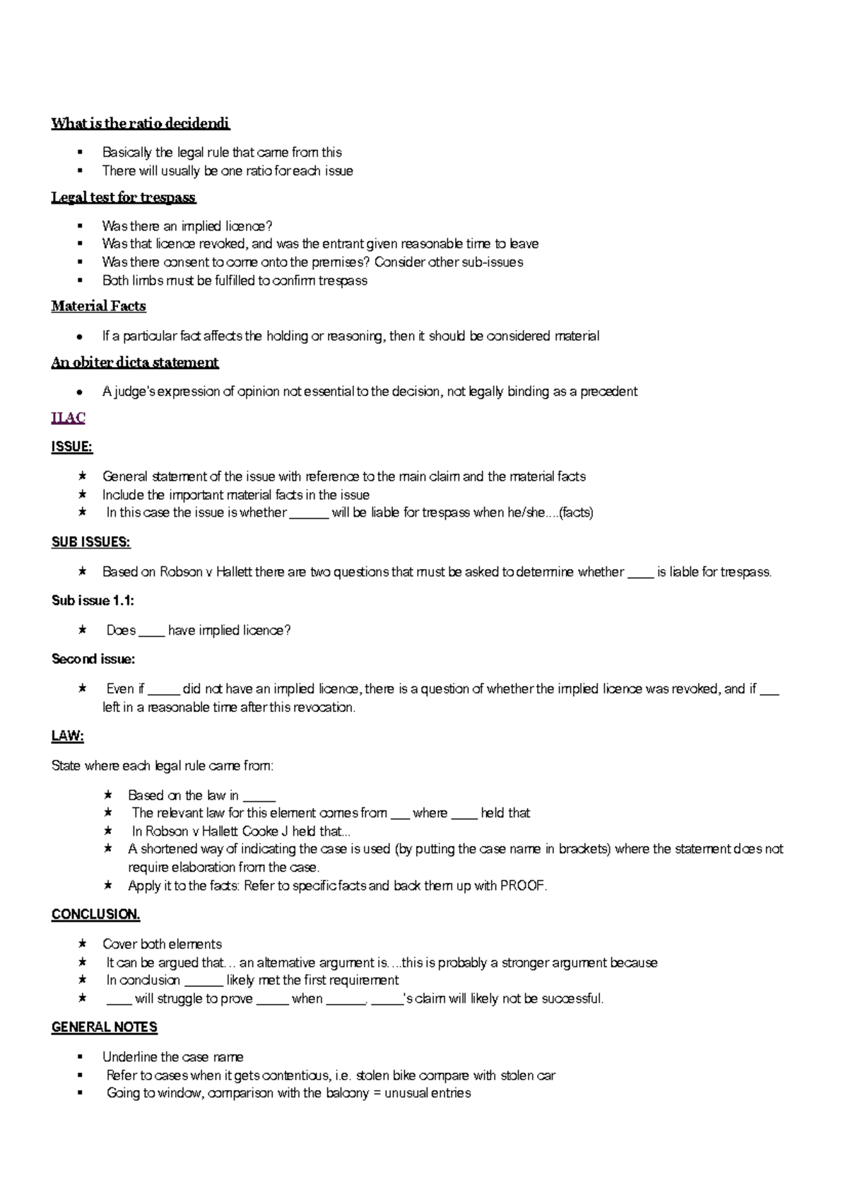 LAWS 122 Final Exam Cheat Sheet: Ratio Decidendi & Implied License ...