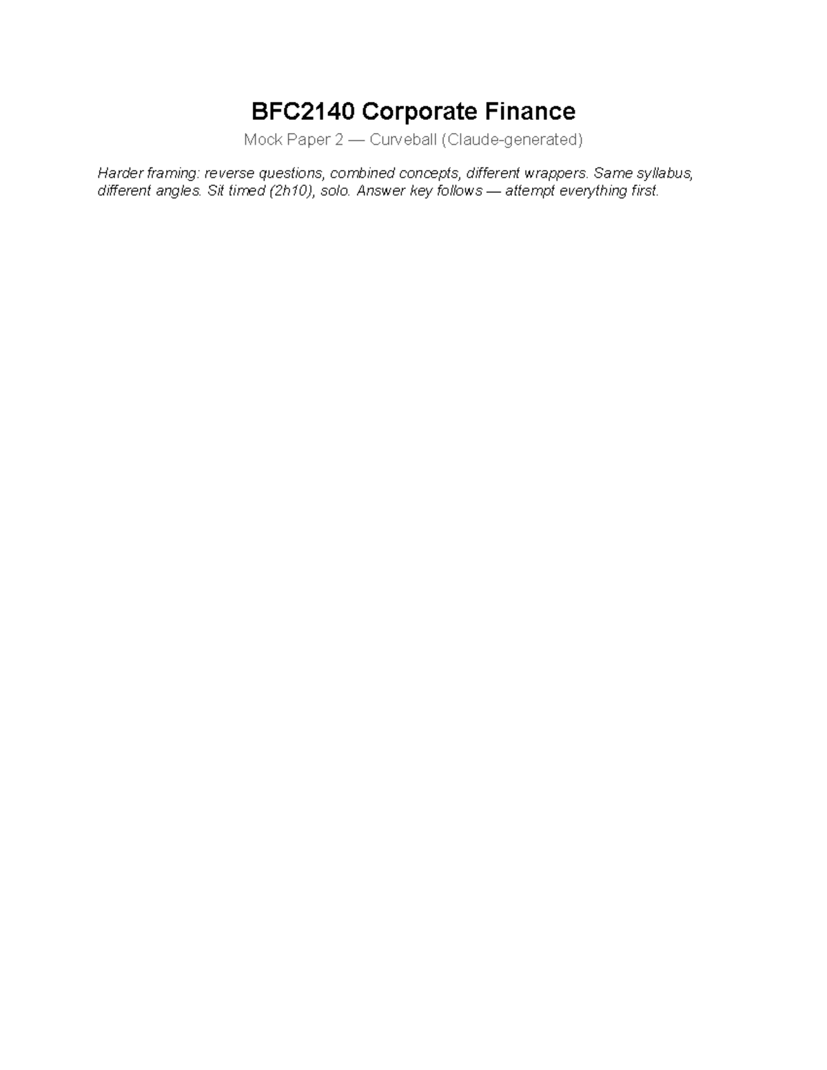 BFC2140 Corporate Finance Mock Paper 2 - Exam Style Questions and ...