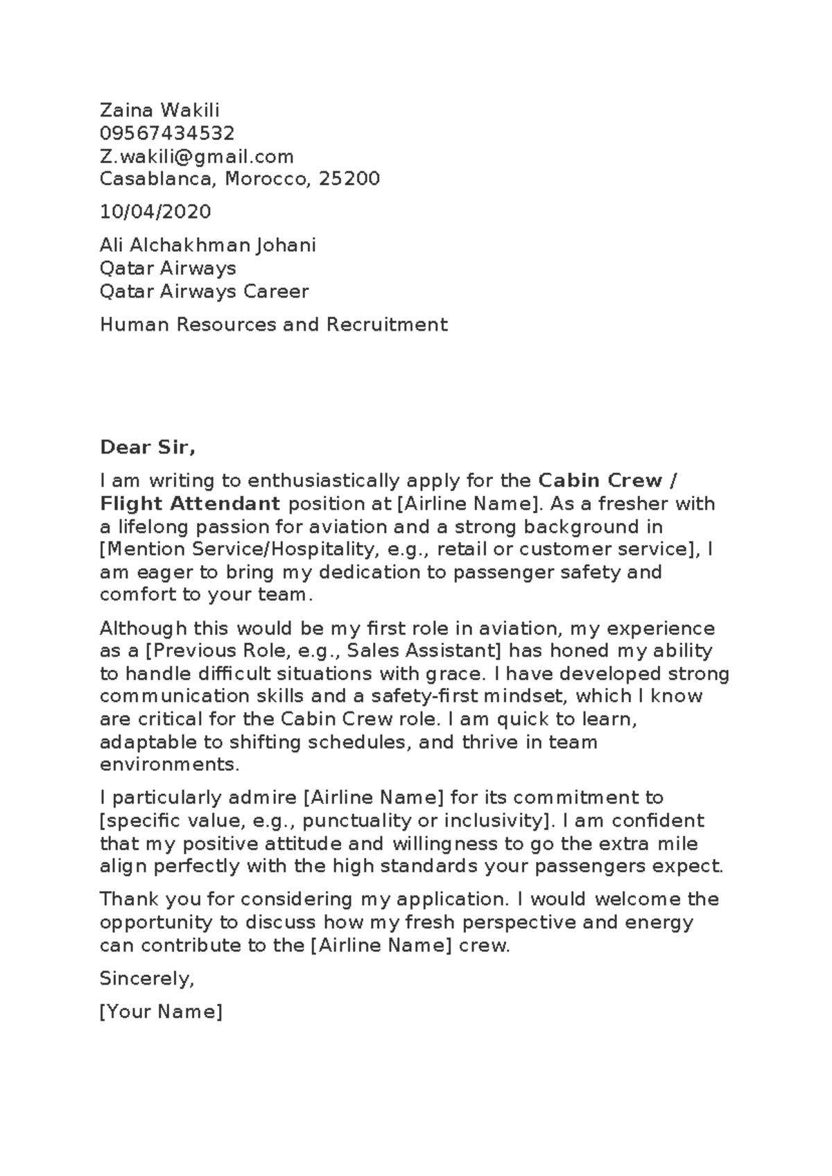 Cover Letter for Cabin Crew Position - Qatar Airways - Studocu