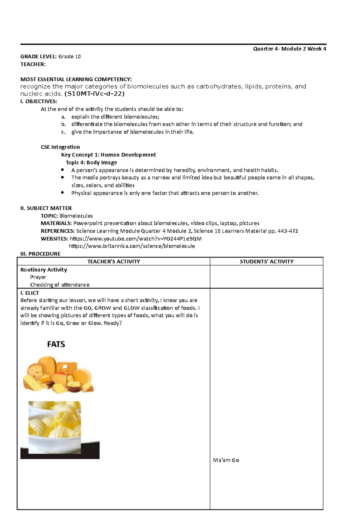 Science 10 Lesson Plan COT2: Exploring Biomolecules in Depth - Studocu