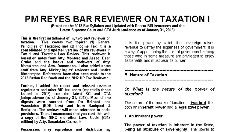 PM REYES BAR REVIEWER ON TAXATION I: General Principles & Income Tax ...