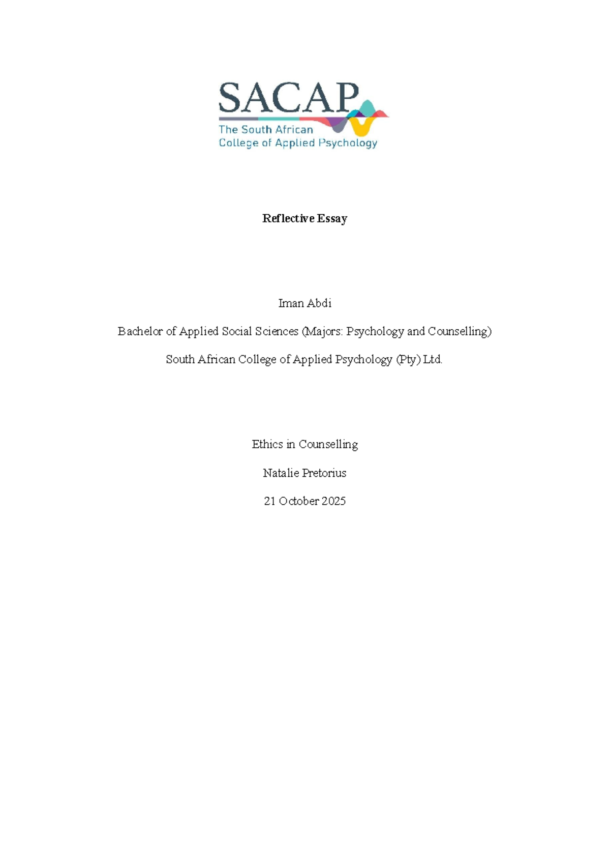 Ethics in Counselling: Reflective Essay - Assignment 1 - Studocu