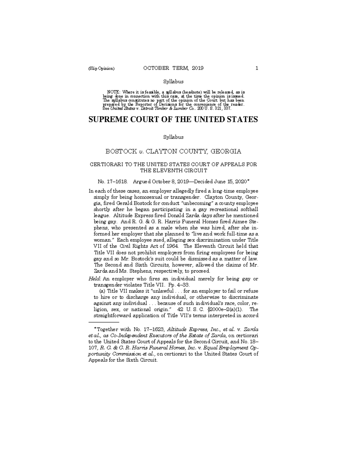 Bostock v. Clayton County: Supreme Court Opinion & Dissent (2019) - Studocu