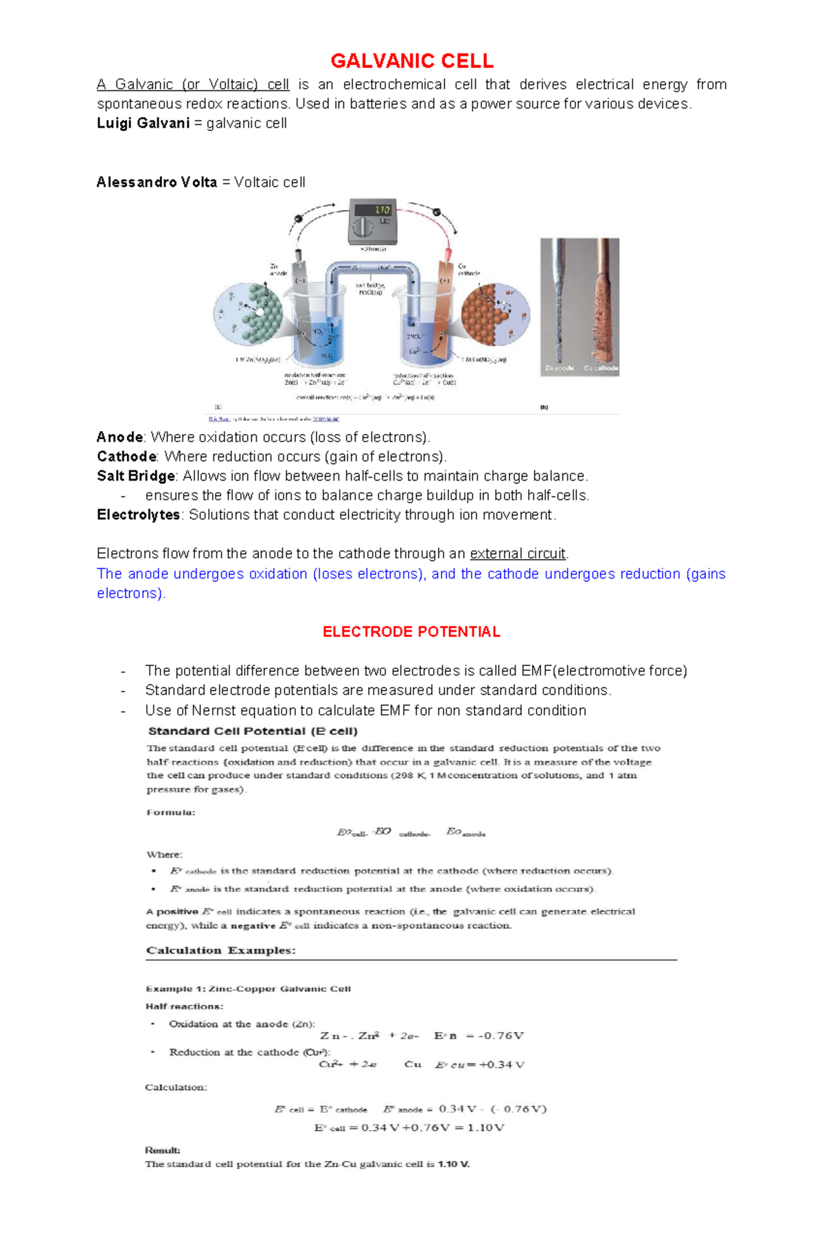 GALVANIC CELL - Lecture Notes (CHEM101) - Studocu
