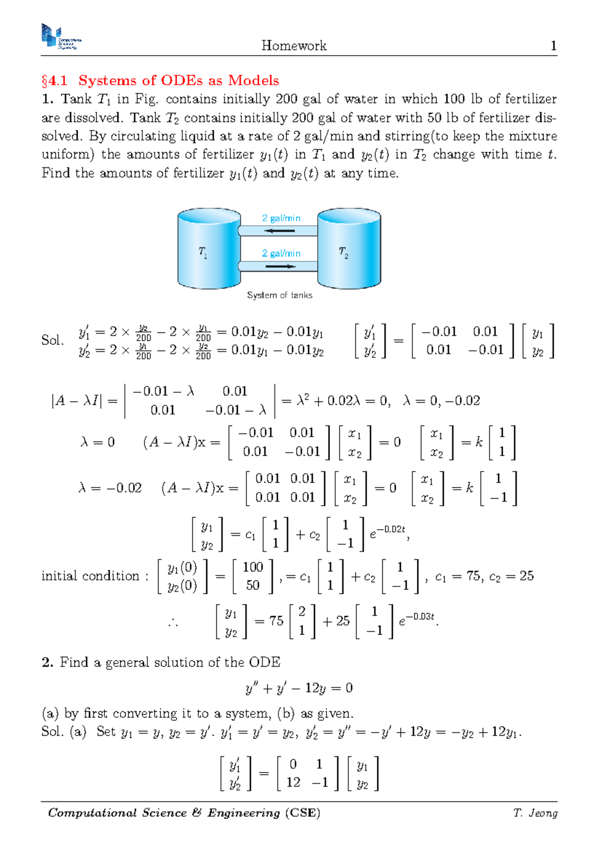 HW chapter 4 sol - Homework 풀이 - § 4. 1 Systems of ODEs as Models Tank ...