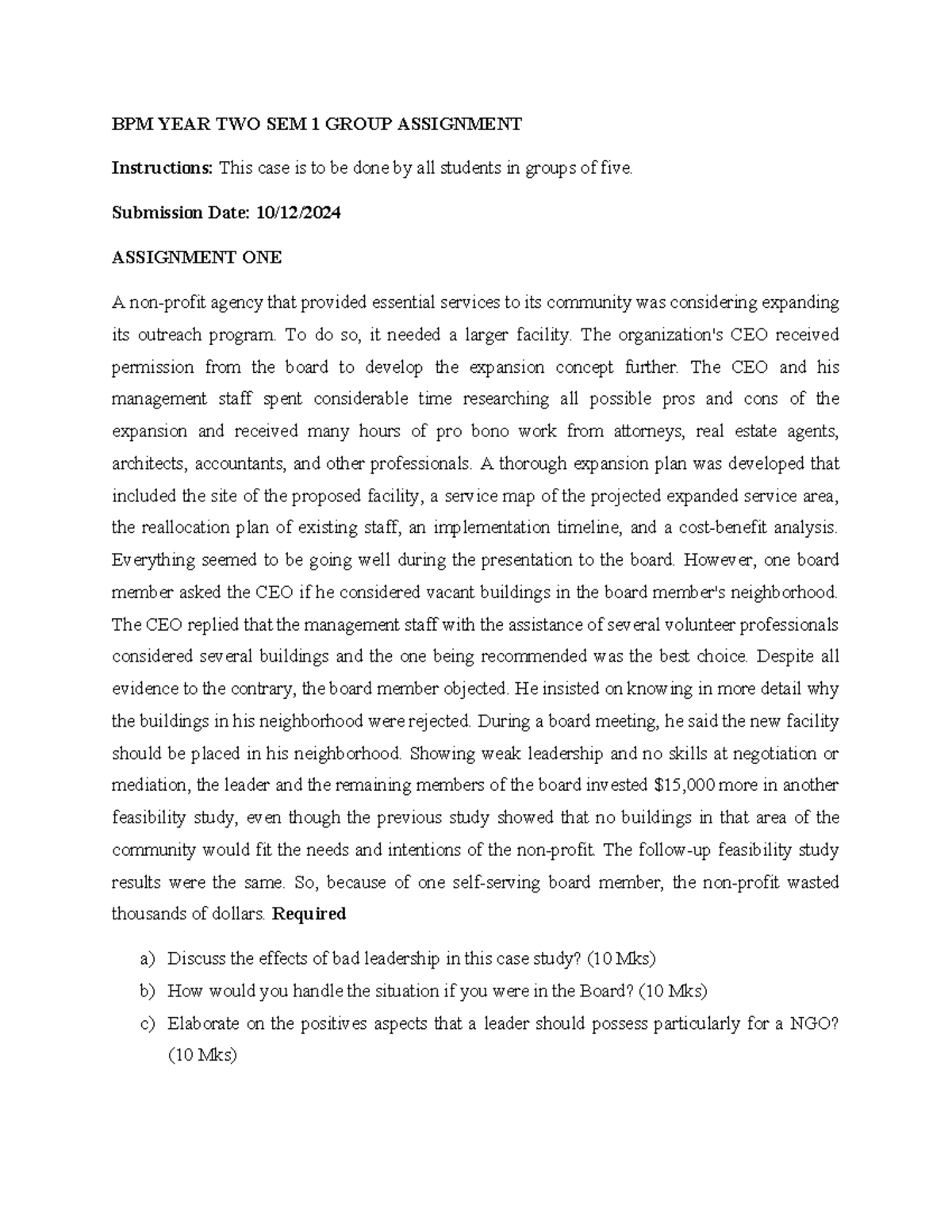 BPM YEAR TWO SEM 1 CASE STUDY: Effects of Bad Leadership in NGOs - Studocu