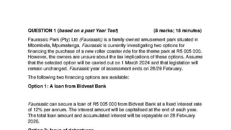 Tutorial Question: Financing Options Analysis for Faurassic Park (Pty) Ltd - Studocu