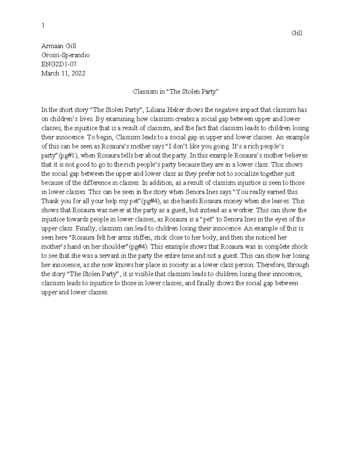 ENG 101 Final Expository Paragraph: Classism in "Stolen" by Liliana ...