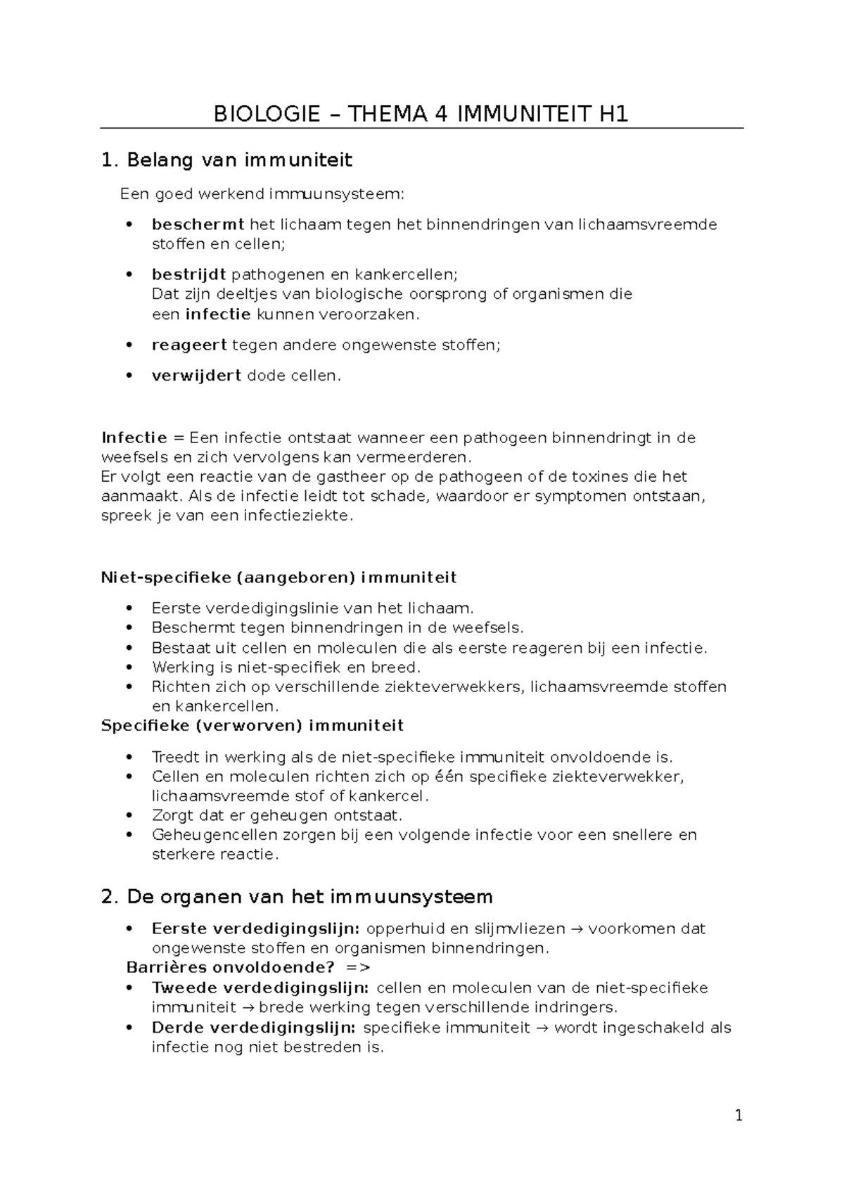 BIO - SV Thema 4 H1: Immuniteit en het Immuunsysteem - Studocu