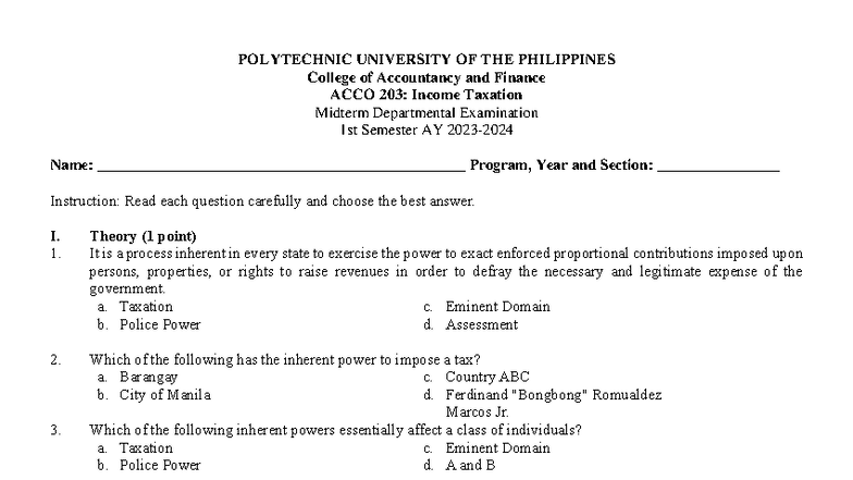 ACCO 203: Income Taxation Midterm Exam Review - AY 2023-2024 - Studocu