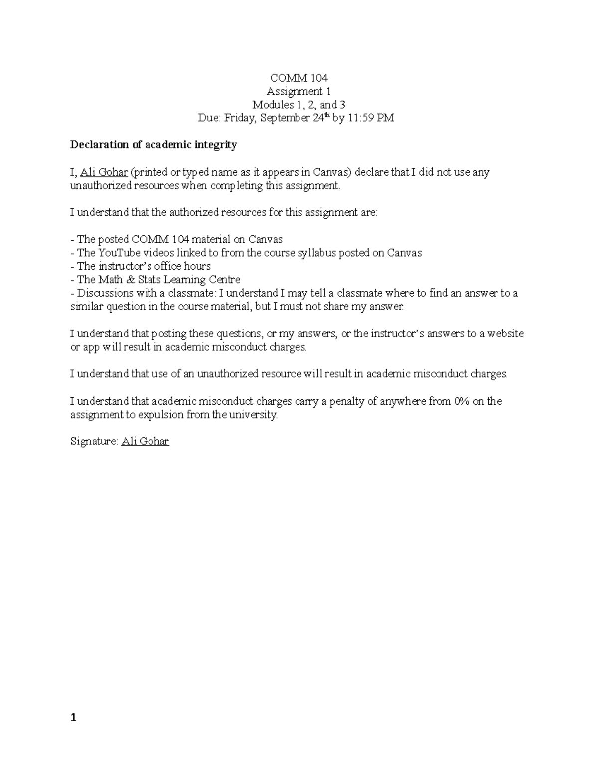 Comm 104 Assignment 1 - COMM 104 Assignment 1 Modules 1, 2, and 3 Due ...
