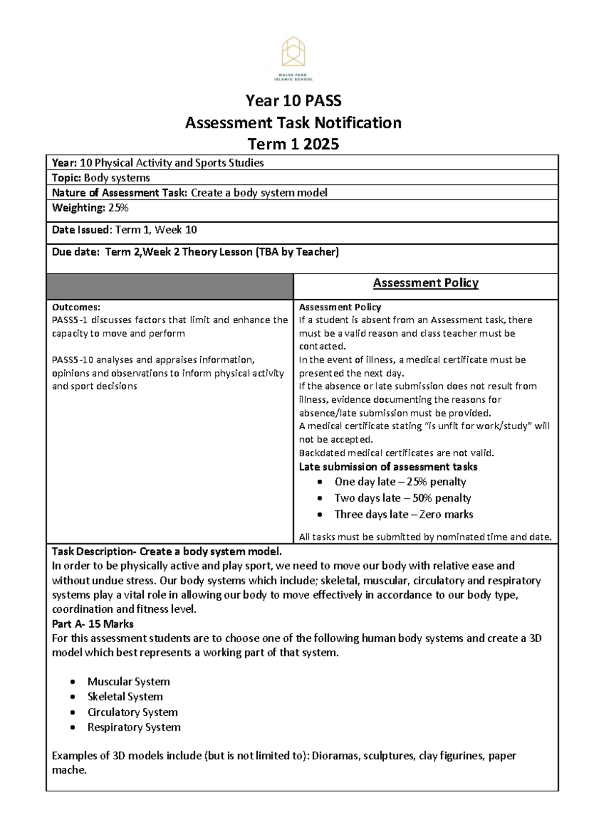 Year 10 PASS Term 1 Assessment: Body System Model Task - Studocu