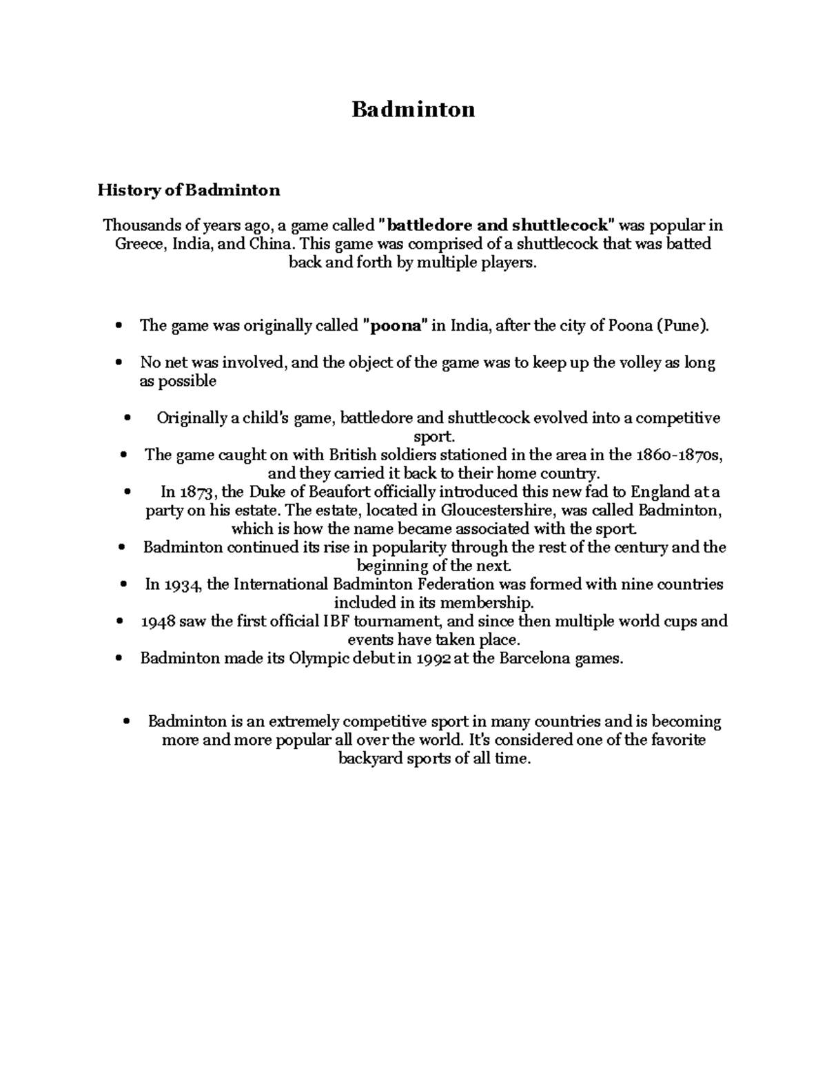Athletics and badminton Hand-out updated - Badminton History of ...