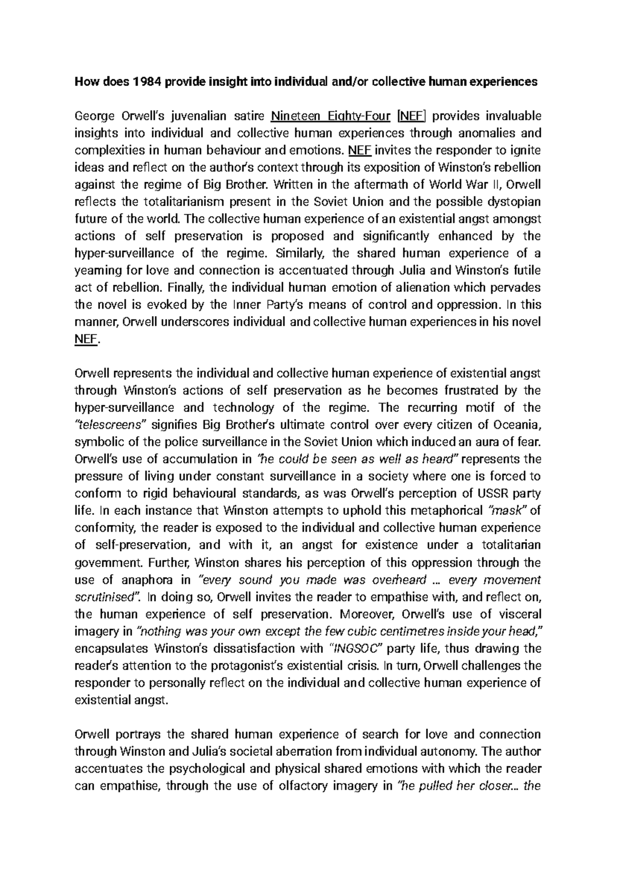 1984 - Essay on Human Experiences and Totalitarianism Insights - Studocu