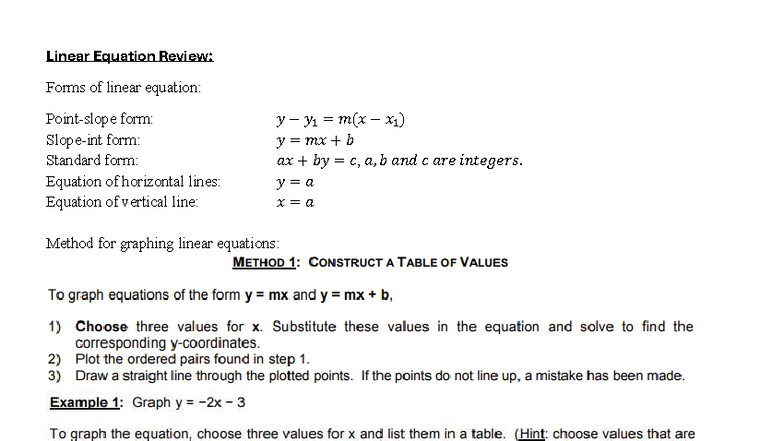 Linear Equation Review: Standard, Point-Slope & Graphing Methods - Studocu