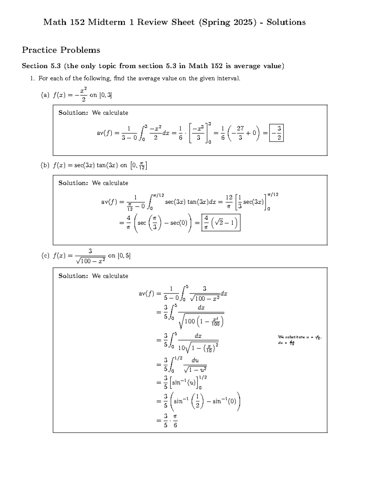 Math 152 Midterm 1 Review Sheet (Spring 2025) Solutions & Practice ...