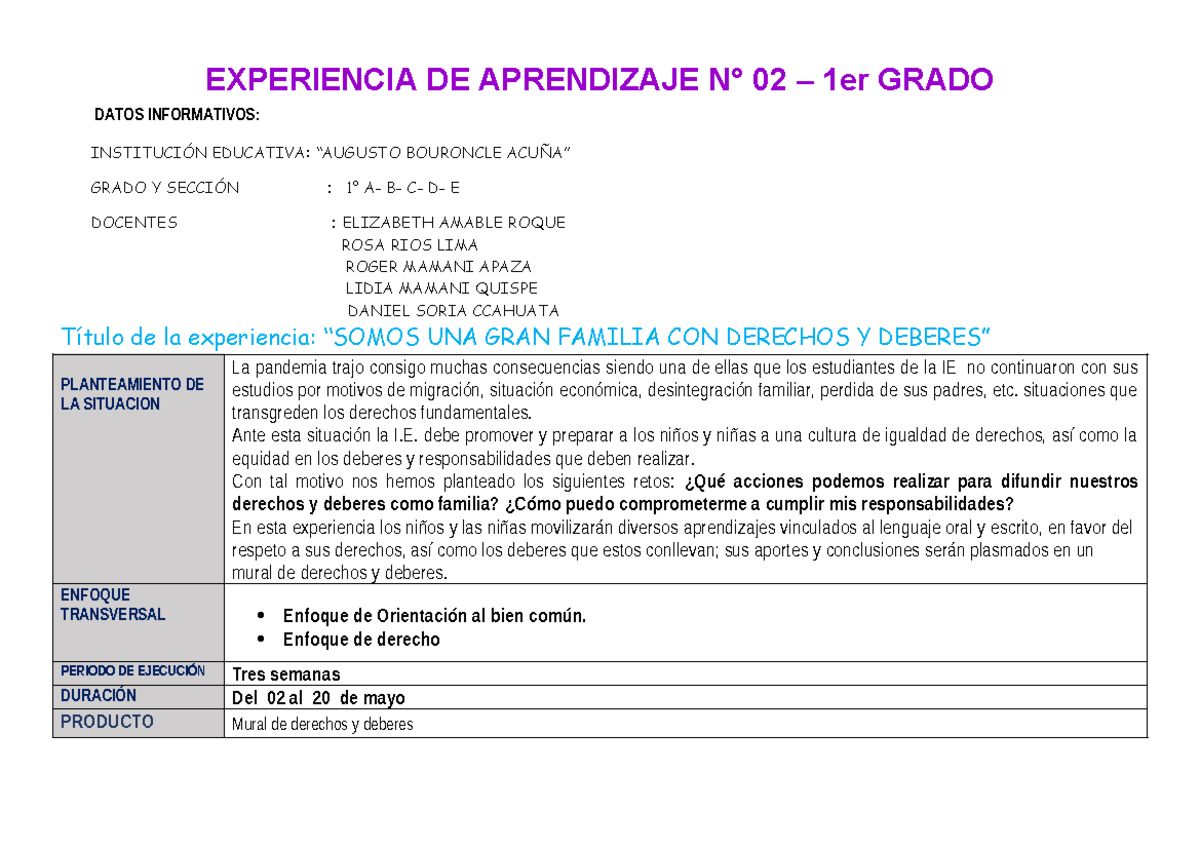 Experiencia DE Aprendizaje N° 02 - EXPERIENCIA DE APRENDIZAJE N° 02 – 1er GRADO DATOS ...