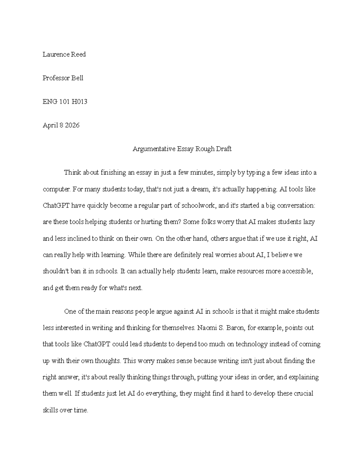 101 8 Argumentative Essay Rough Draft on AI in Education - Studocu