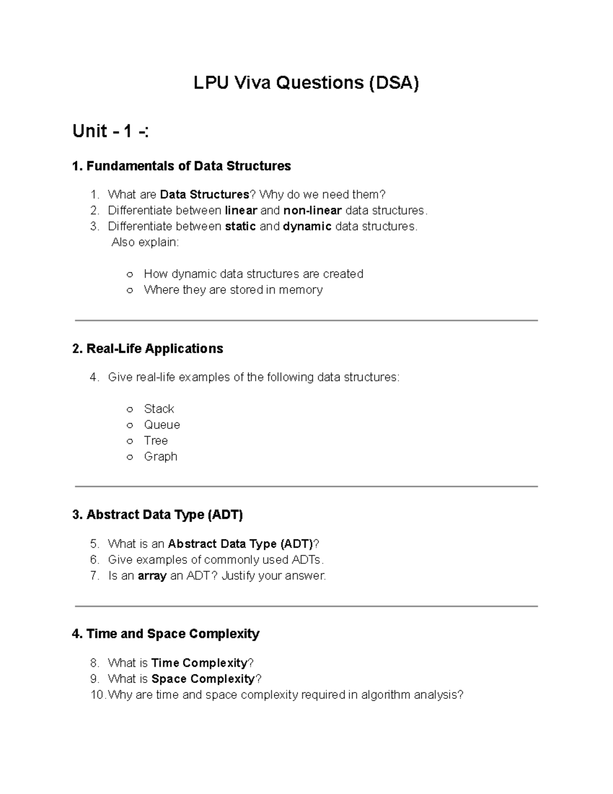 LPU DSA Viva Questions: Unit 1 - Data Structures Fundamentals - Studocu