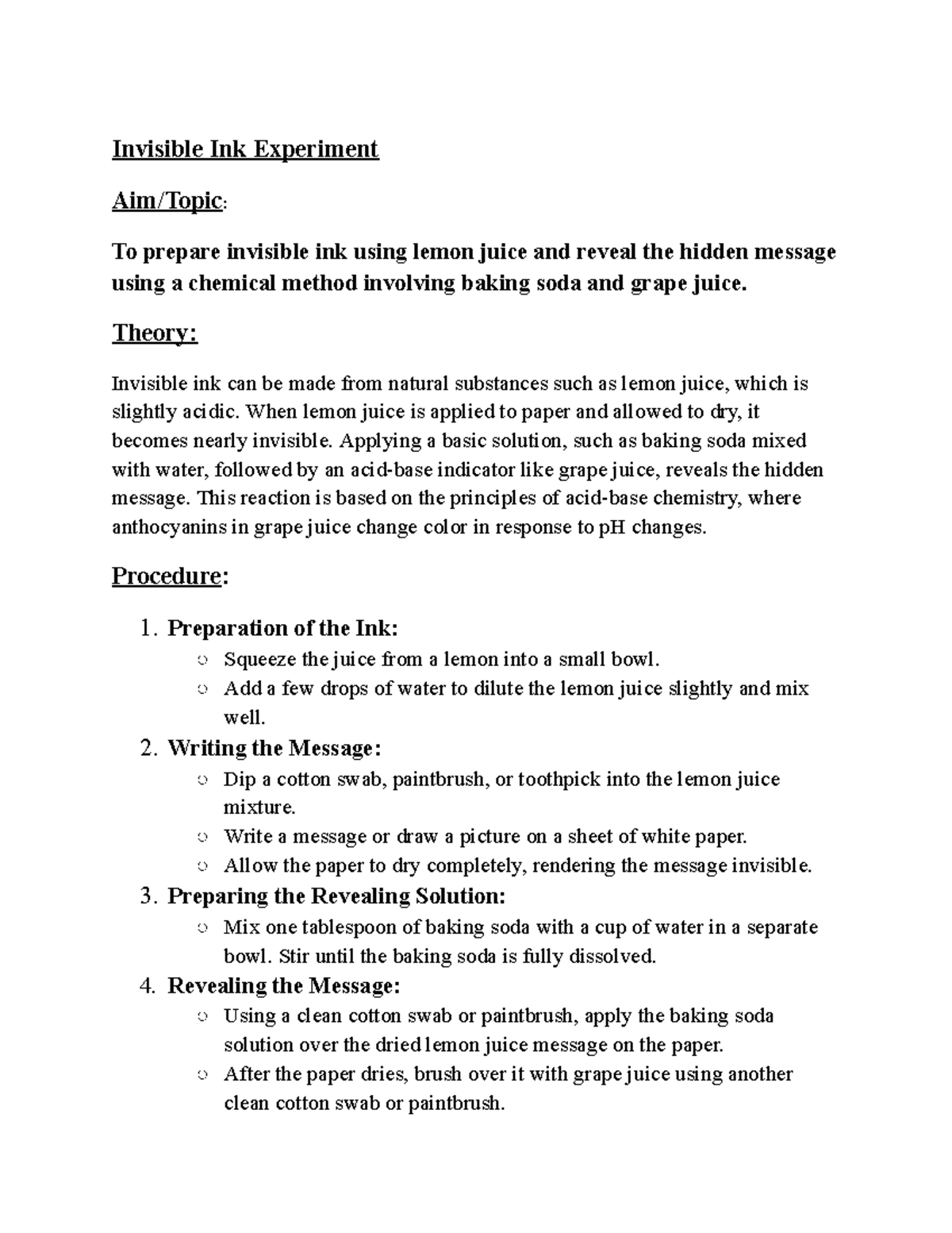 Invisible Ink Experiment: Chemistry of Hidden Messages (CHEM101) - Studocu