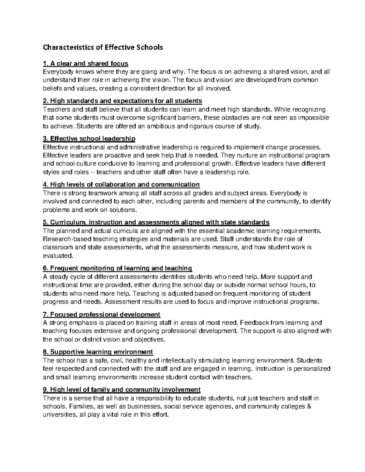 Characteristics of Effective Schools: Key Elements for Success - Studocu