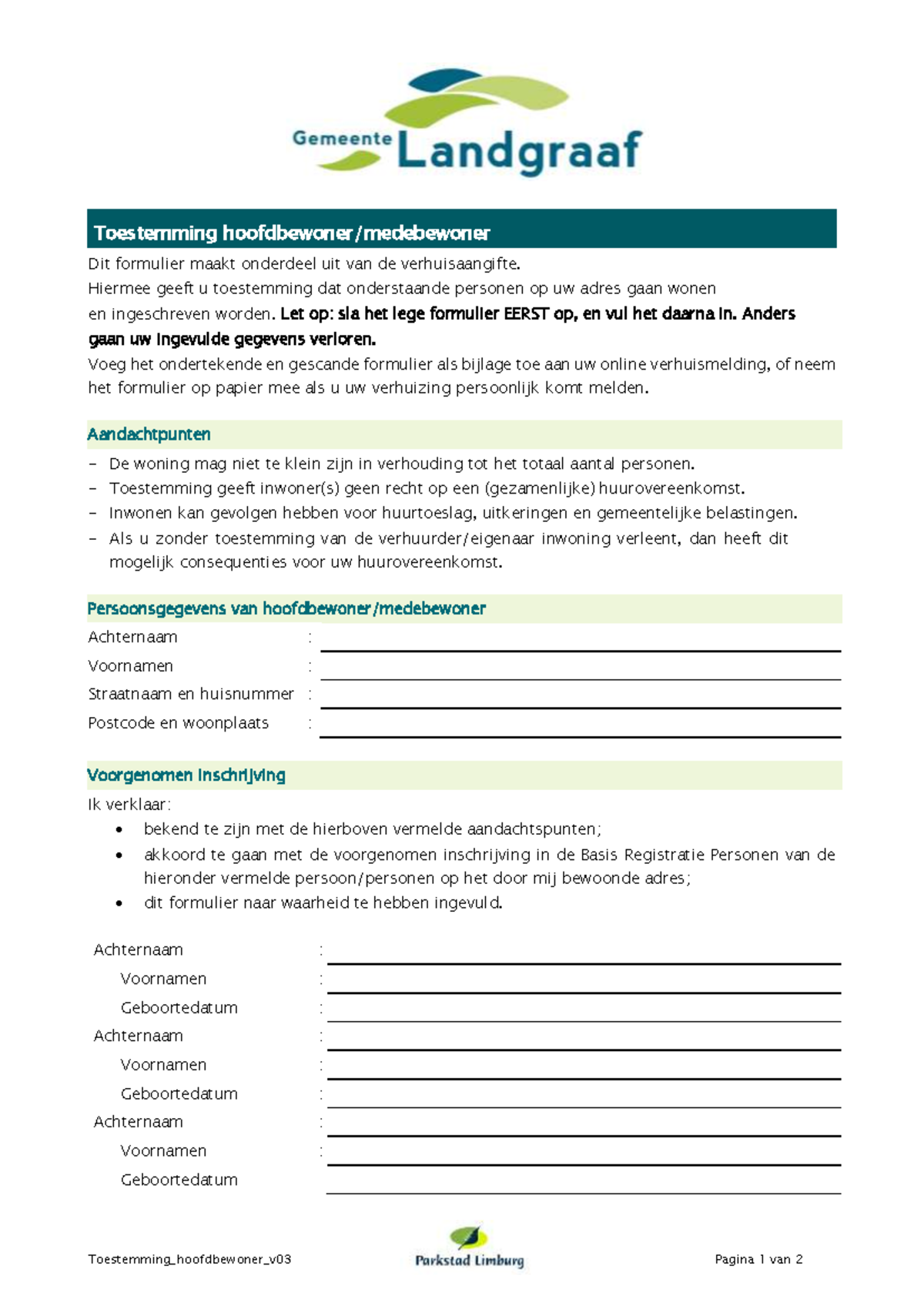 Toestemming Hoofdbewoner Formulier v03 - Studocu