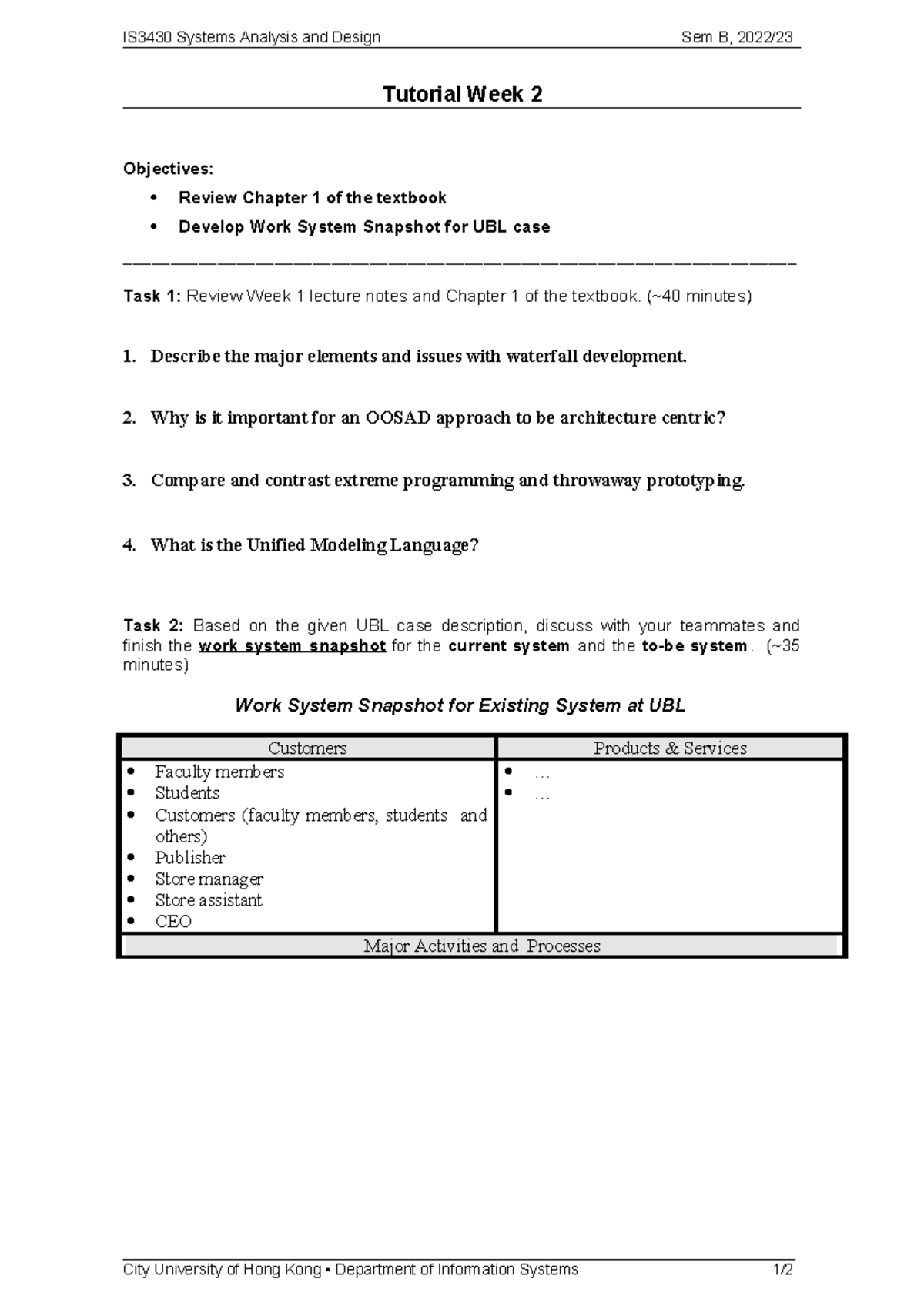 IS3430 Systems Analysis & Design: Tutorial Week 2 Overview - Studocu