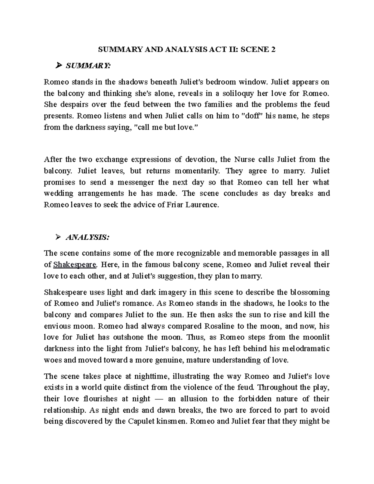 Shakespeare's Romeo & Juliet: Act II, Scene II Summary & Analysis - Studocu
