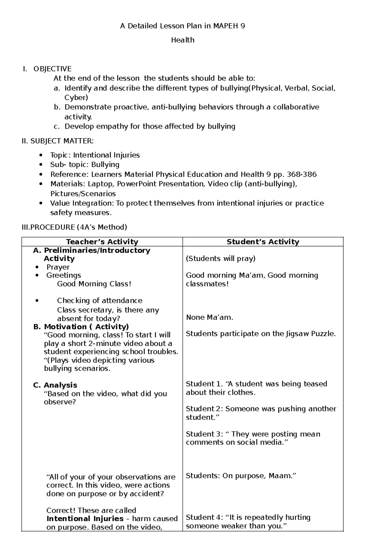 A Detailed Lesson Plan on Bullying in MAPEH 9 - Studocu