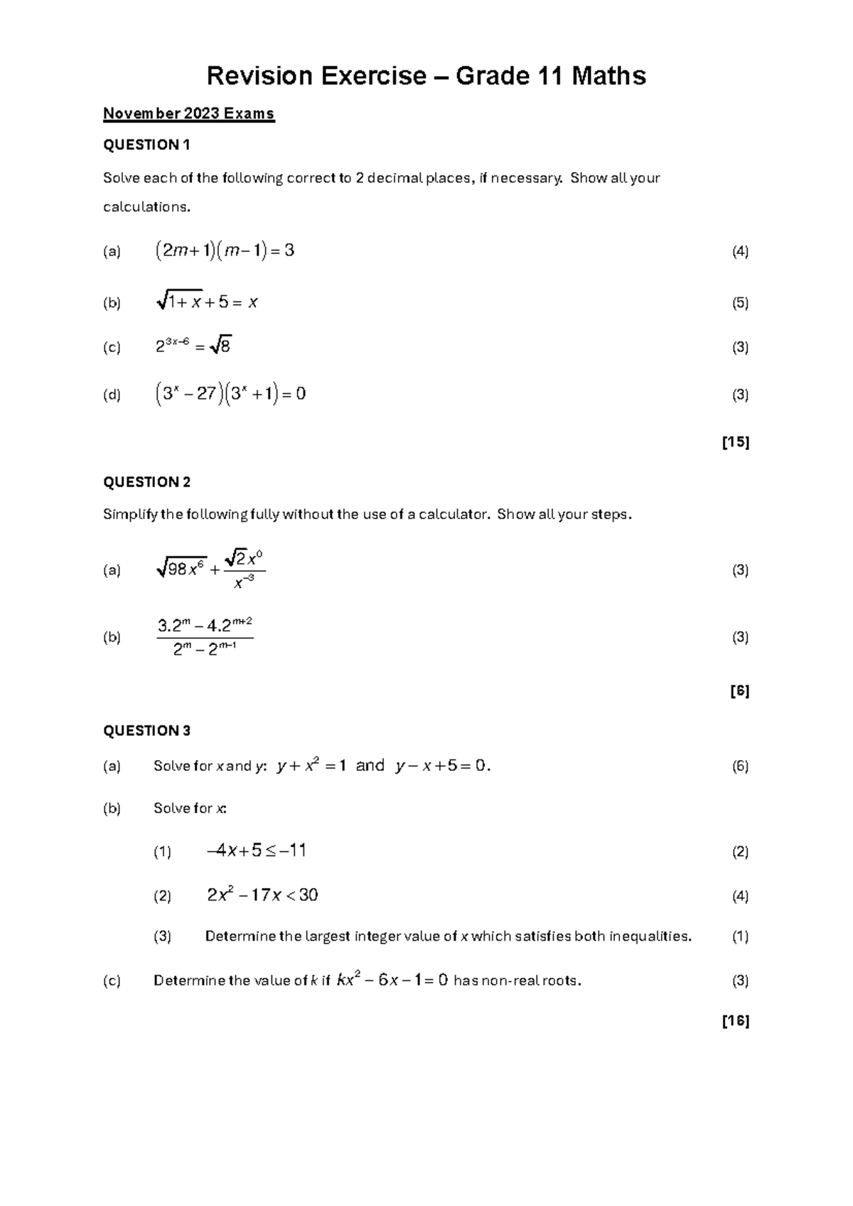 Gr 11 Maths Term 1 Revision Exercise - November 2023 - Studocu