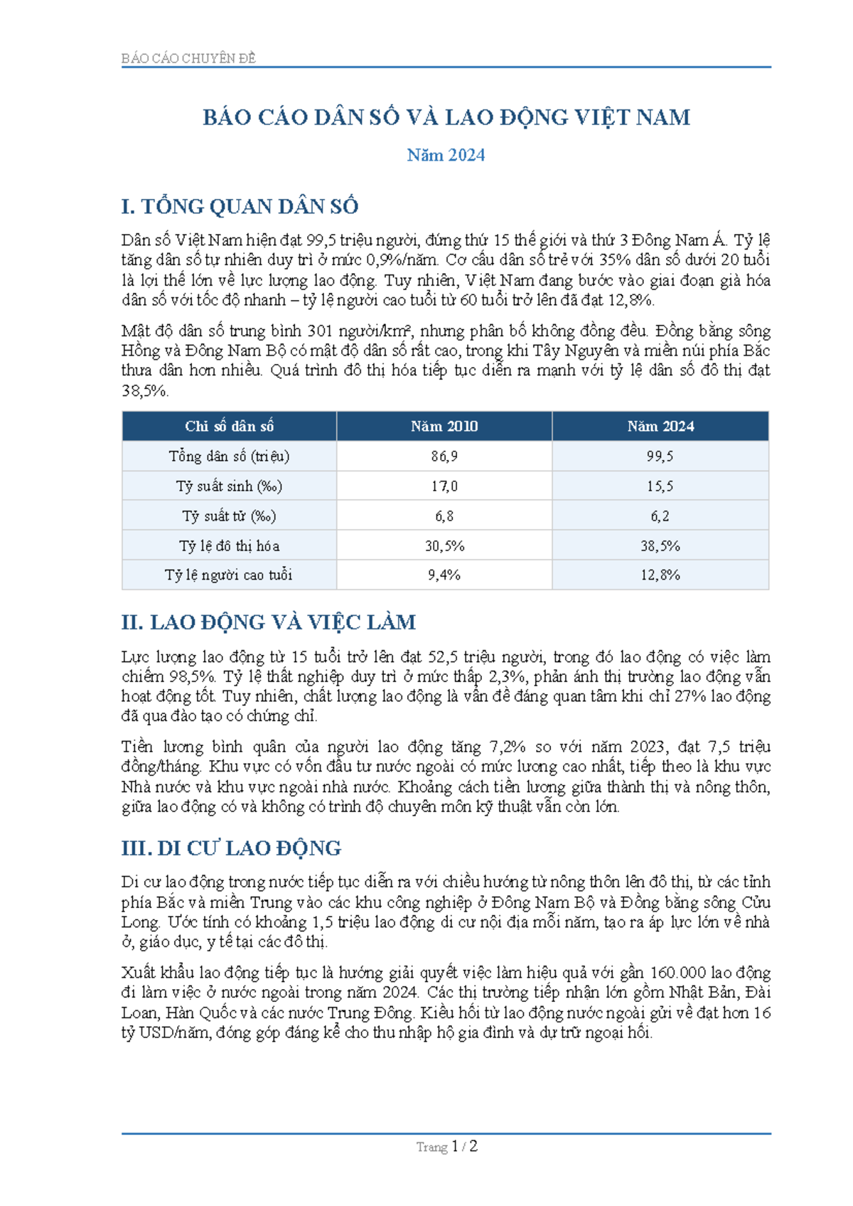 BÁO CÁO CHUYÊN ĐỀ DÂN SỐ VÀ LAO ĐỘNG VIỆT NAM Năm 2024 - Studocu