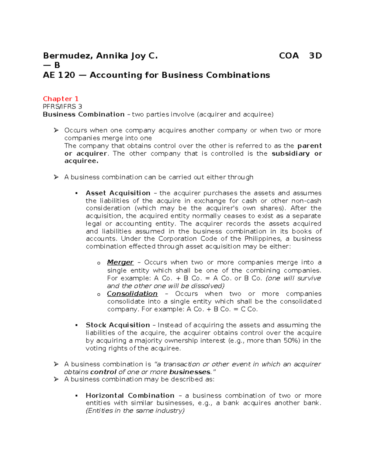 AE 120 - Accounting for Business Combinations: Key Concepts and Insights - Studocu