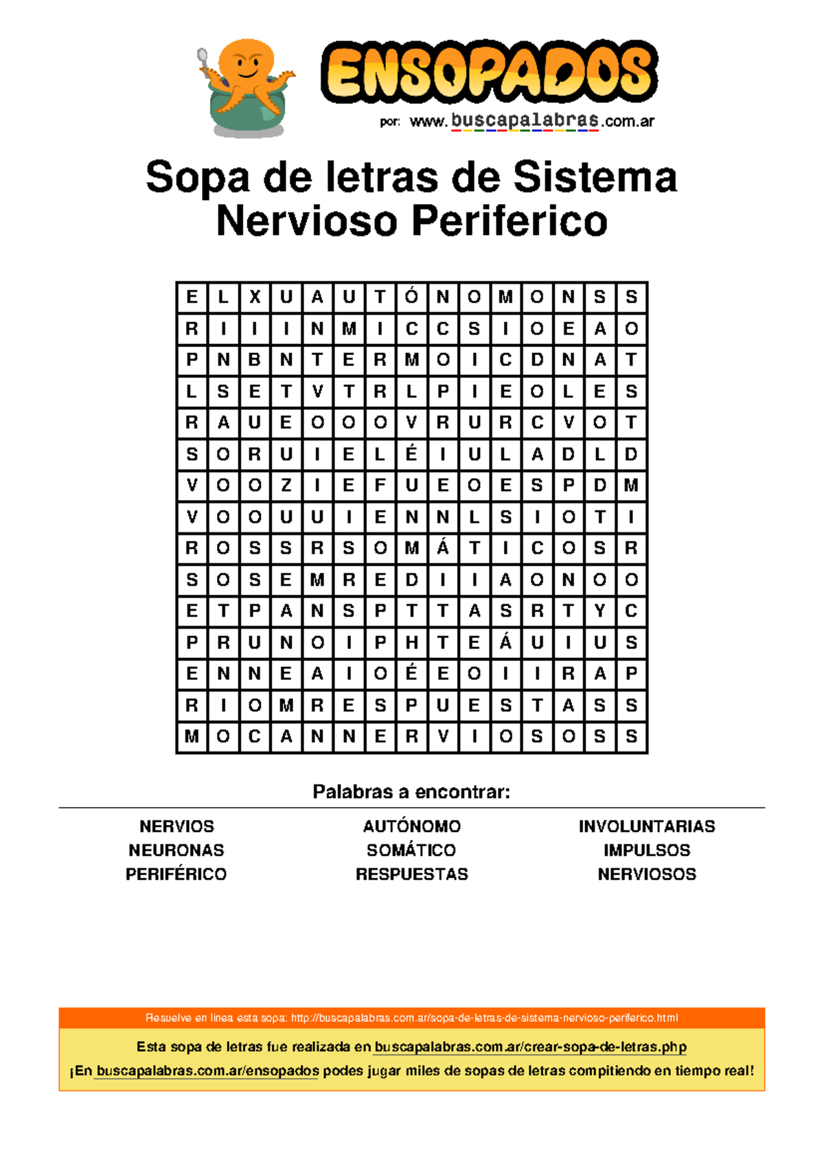 Sopa de Letras del Sistema Nervioso Periférico - Actividad Interactiva ...
