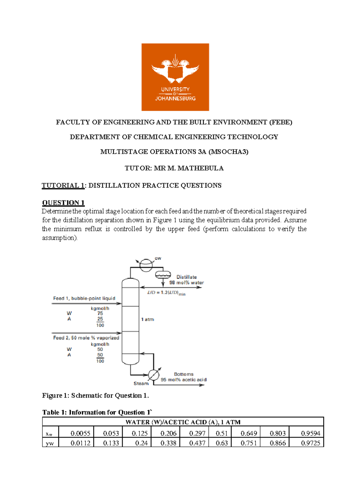 Tutorial 1 Distillation Practice Questions - FACULTY OF ENGINEERING AND ...