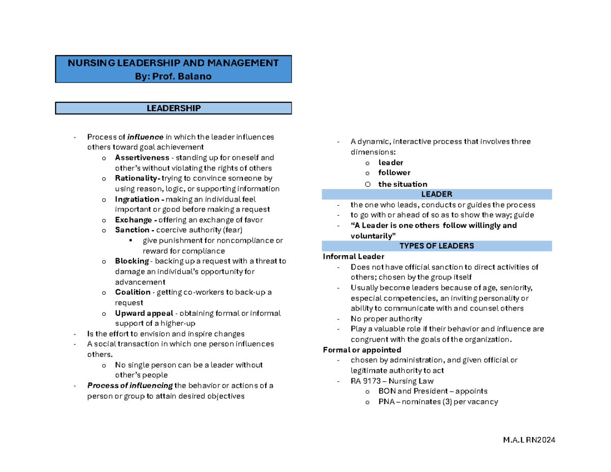 NURSING LEADERSHIP AND MANAGEMENT: Key Concepts and Theories (M.A.L ...