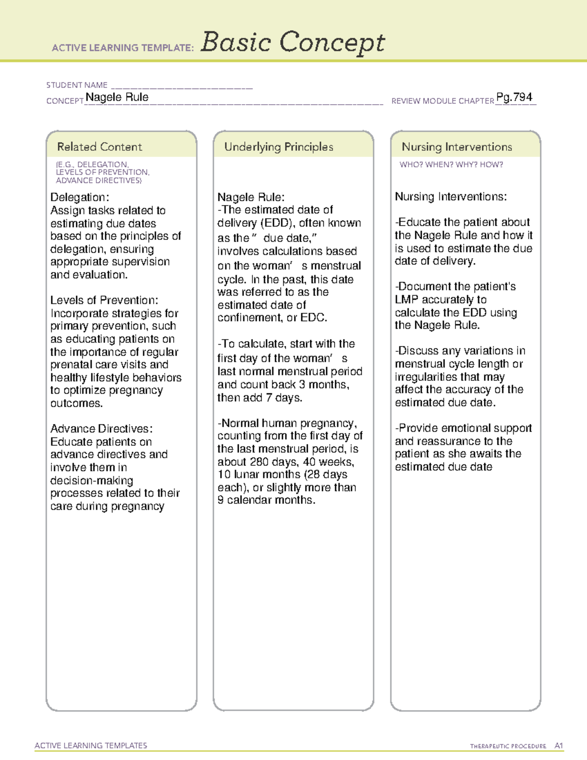 ATI Basic Concepts: Active Learning Template for Nagele's Rule - Studocu