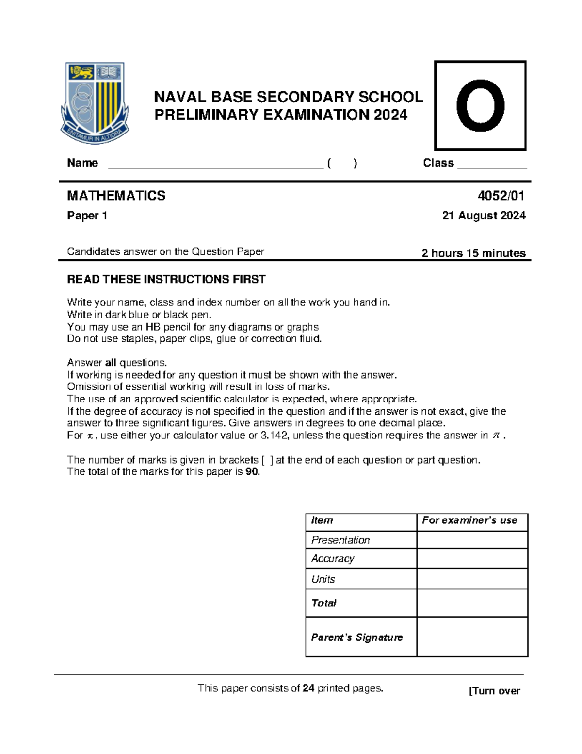 C383 MATHEMATICS O Class Preliminary Exam Paper 1 - 21 Aug 2024 - Studocu