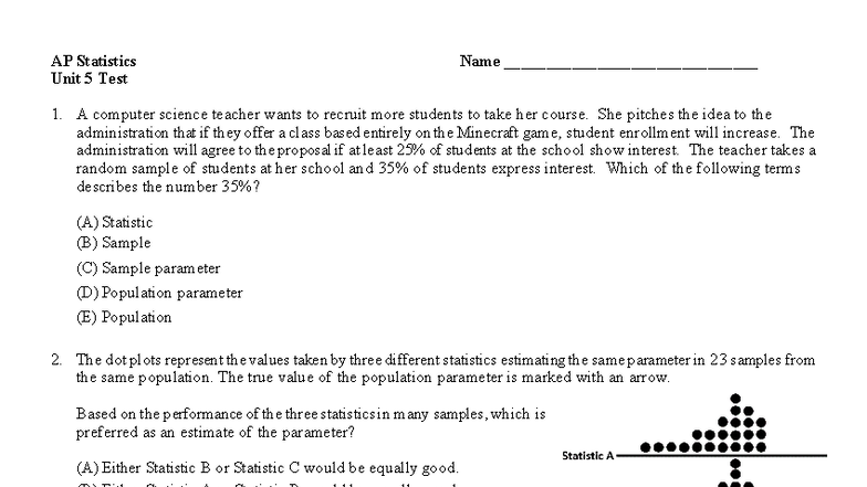 AP Statistics Unit 5 Test Version B: Student Interest & Sampling ...