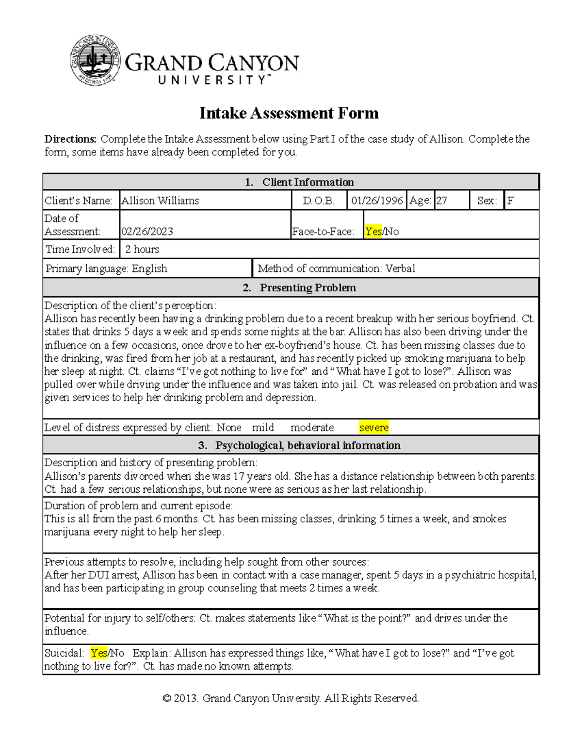 PCN-255 Intake Assessment Form: Case Study of Allison - Studocu