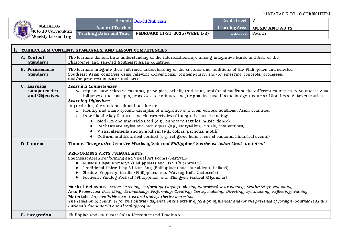 DLL Matatag Music&ARTS 7 Q4 W1-2 - MATATAG K to 10 Curriculum Weekly Lesson Log School ...