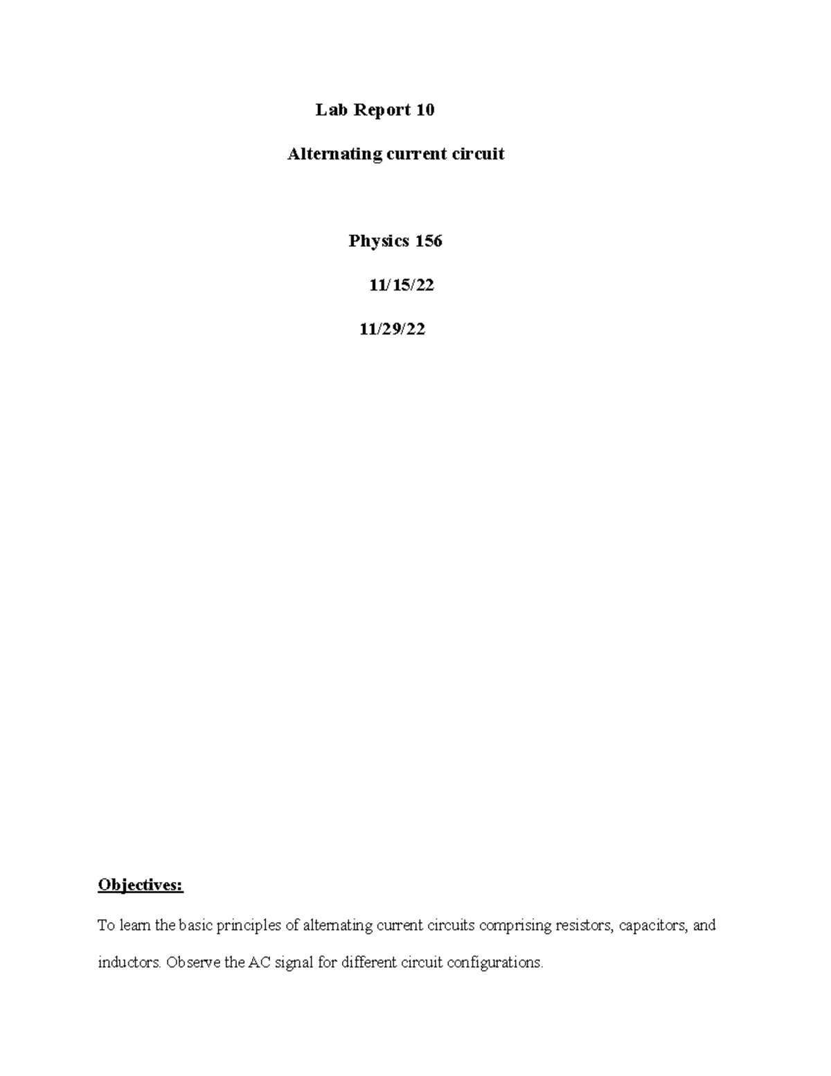 Lab Report 10 - Alternating current circuit - Lab Report 10 Alternating ...