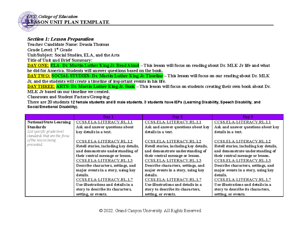 3-Day Lesson Plan on Dr. Martin Luther King Jr. - ECS 450 - Studocu